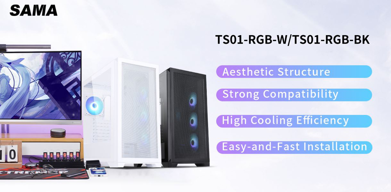 Sama TS01-RGB-BK Black Dual USB3.0 and Type C Tempered Glass ATX Full Tower Gaming Computer Case ...